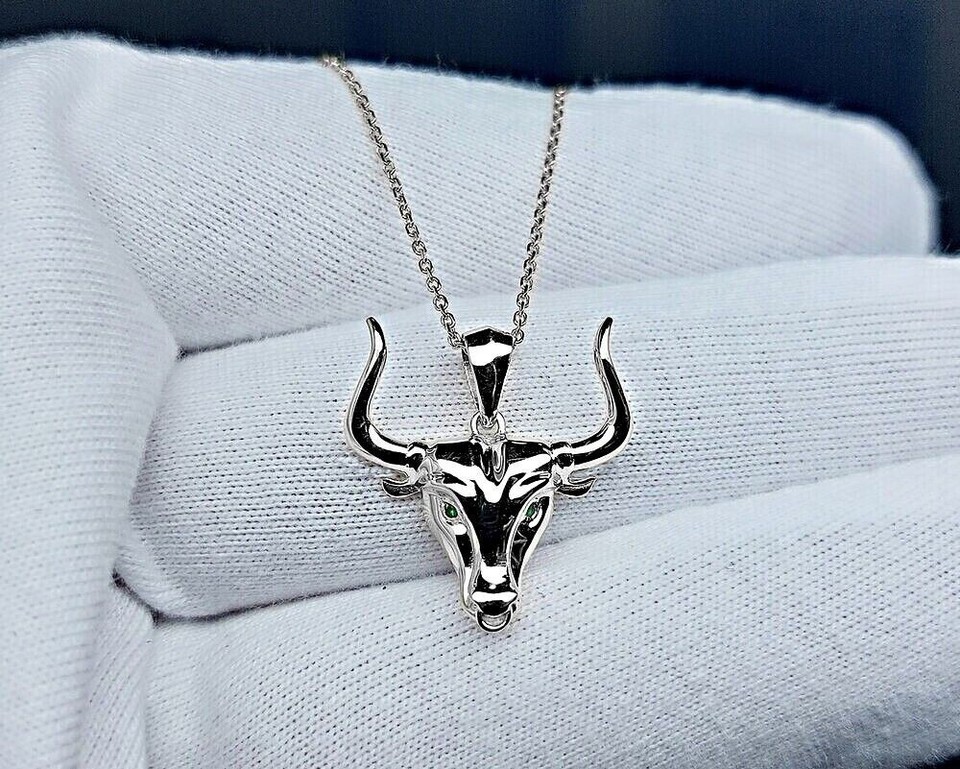 Natural Green Emerald Bull Shape Men's Amulet Pendant 14k White Gold ...