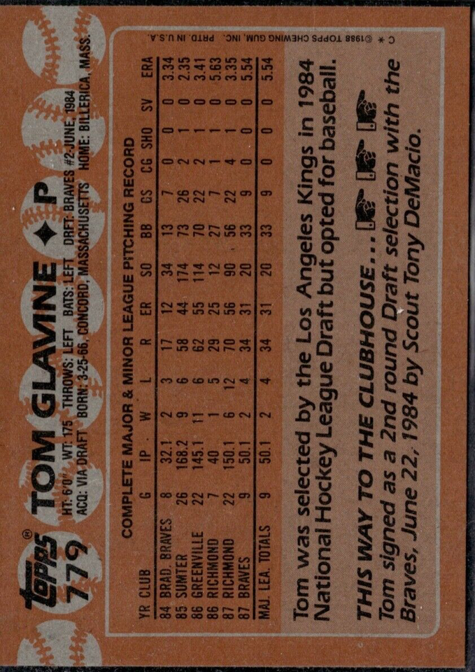 Tom Glavine Rookie RC 1988 Topps Baseball Card #779 Atlanta Braves ...