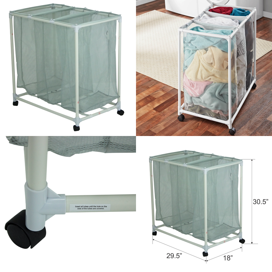 Mainstays Rolling Laundry Hamper 3-Bag Mesh Clothes Sorter Basket, Soft ...