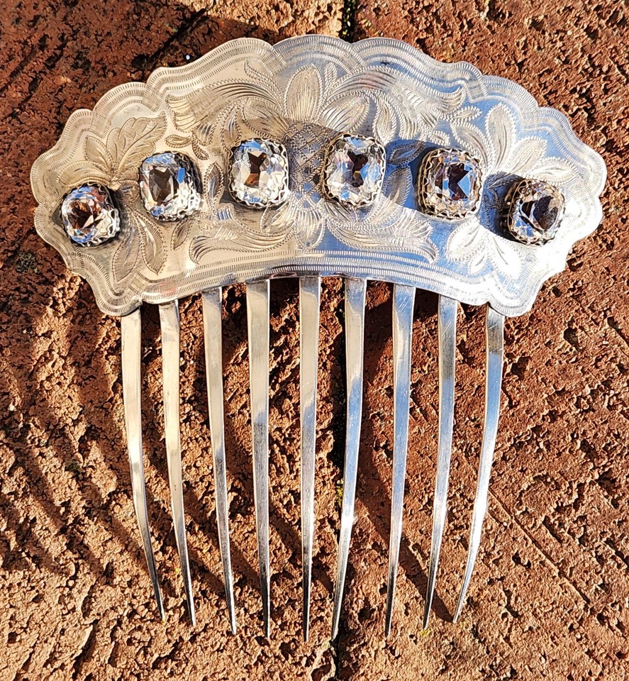 Victorian Etched Sterling Silver Hair Comb Bright Paste Crystal Jewels ...