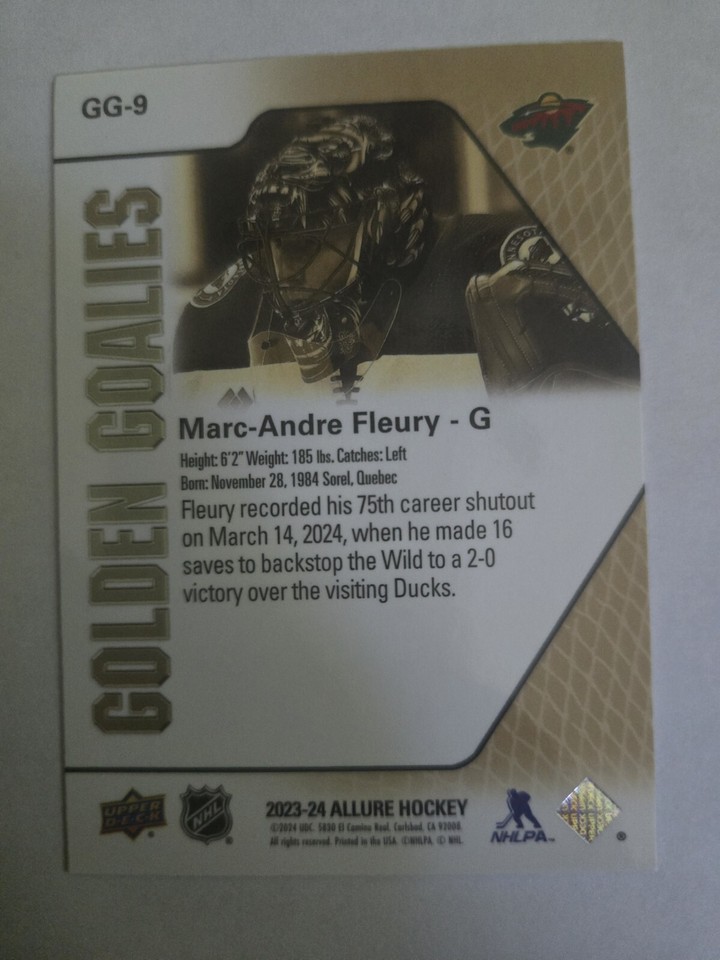 2023-24 Upper Deck Allure Golden Goalies #GG-9 Marc-Andre Fleury ...