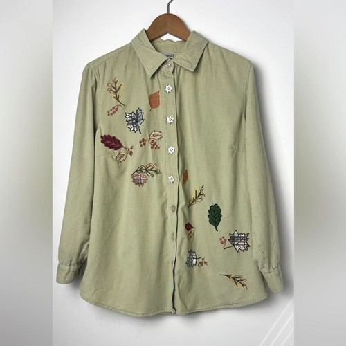 Vintage Fashion Bug Green Embroidered Fall Leaves Corduroy Button Down ...