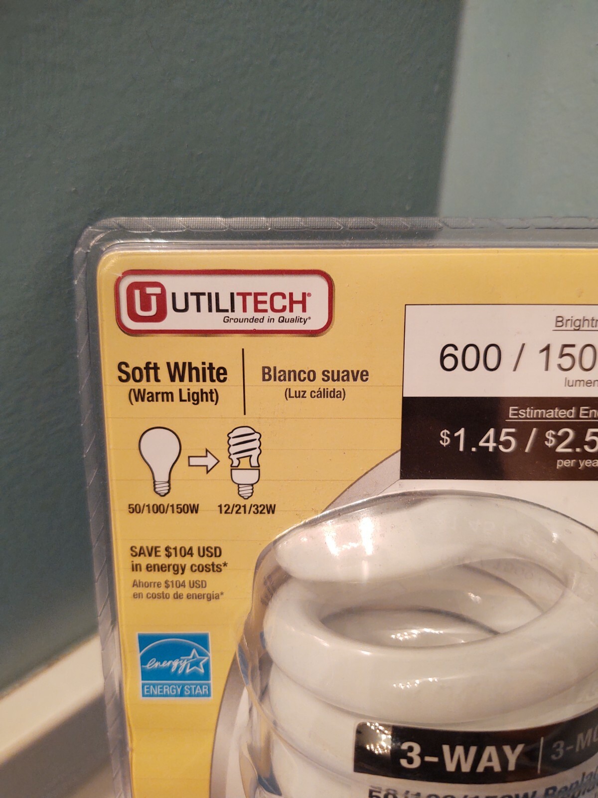 Utilitech 3 Three Way CFL Light Bulb 12/21/32w 50/100/125w Replacement ...