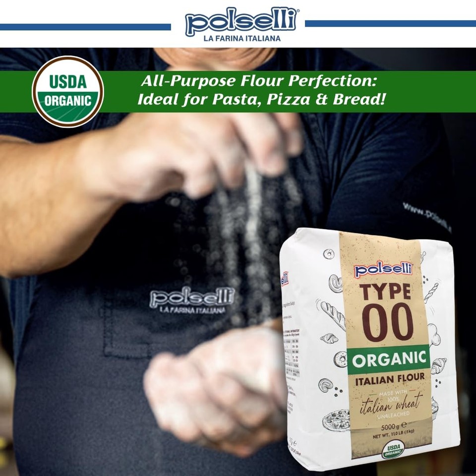 POLSELLI Organic Flour, Type 00, 100% Italian Grain, Double Zero Flour ...