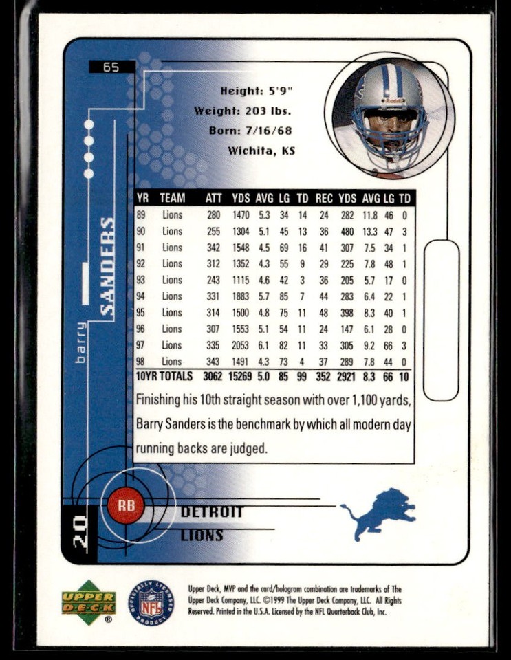 1999 Upper Deck MVP #65 Barry Sanders Lions Football Card 3603C | eBay