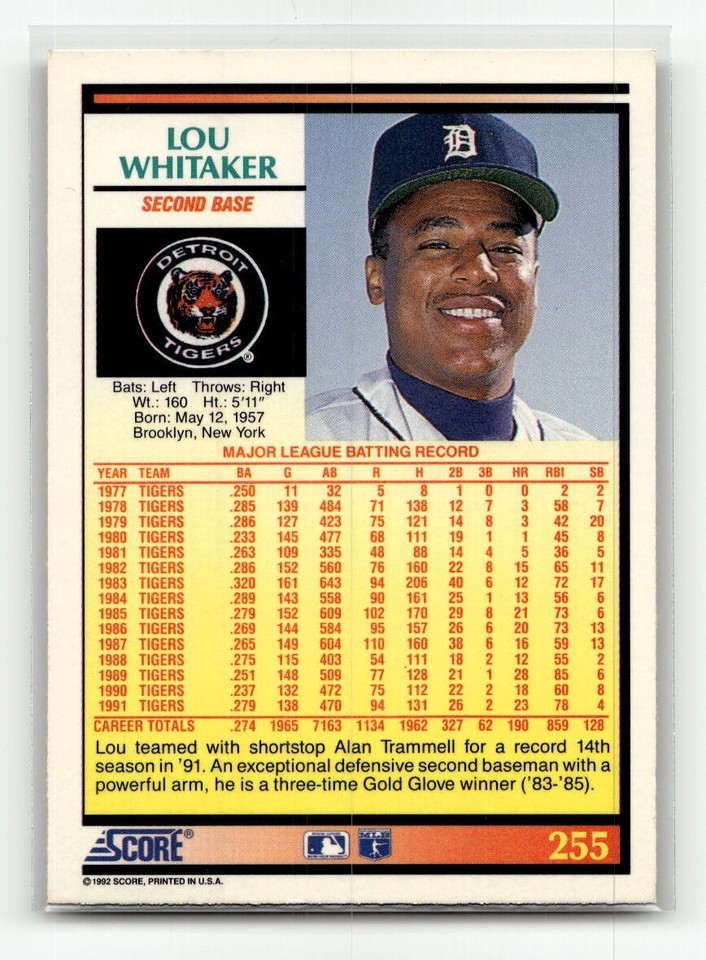 1992 Score Baseball #255 Lou Whitaker Detroit Tigers | eBay
