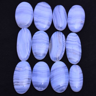 12 Pcs Natural Blue Lace Agate Glossy 26mm-34mm Oval Cabochon Loose ...
