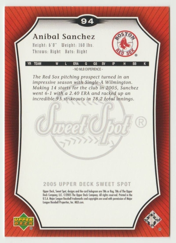 2005 Upper Deck Sweet Spot Sweet Beginnings #94 Anibal Sanchez Red Sox ...