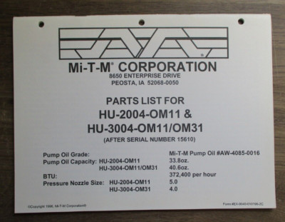 Mi-T-M Parts List For HU-2004-OM11 & HU-3004-OM11/OM31 EX-9040-010196 ...