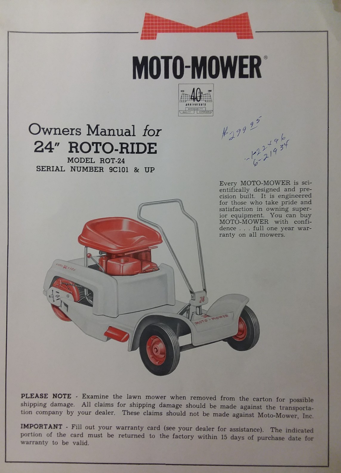 Moto-Mower Roto-Ride ROT-24 Lawn Riding Tractor Owner & Parts (2 Manual ...