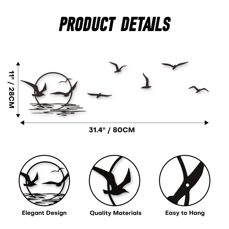 Metal Sun Wall Decor with Seagull Pattern – 6-Piece Sunrise Seagull ...