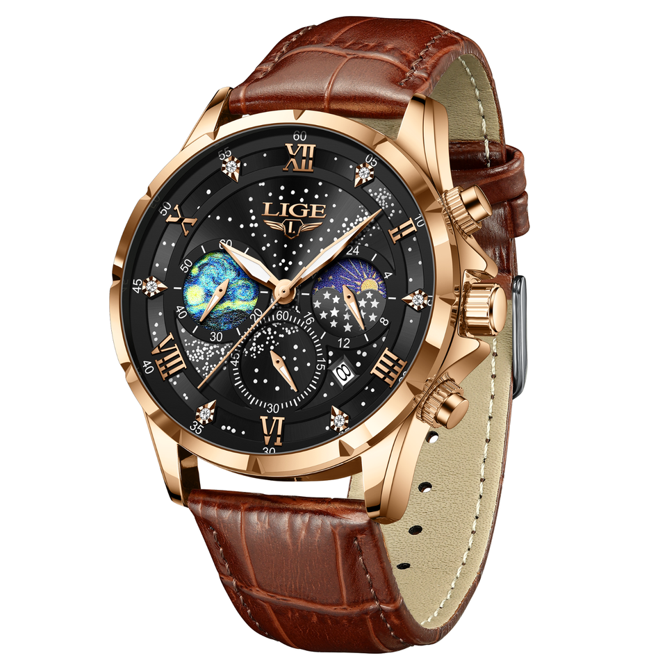 LIGE Luxury Quartz Men's Watch Leather Strap Date Waterproof Luminous ...
