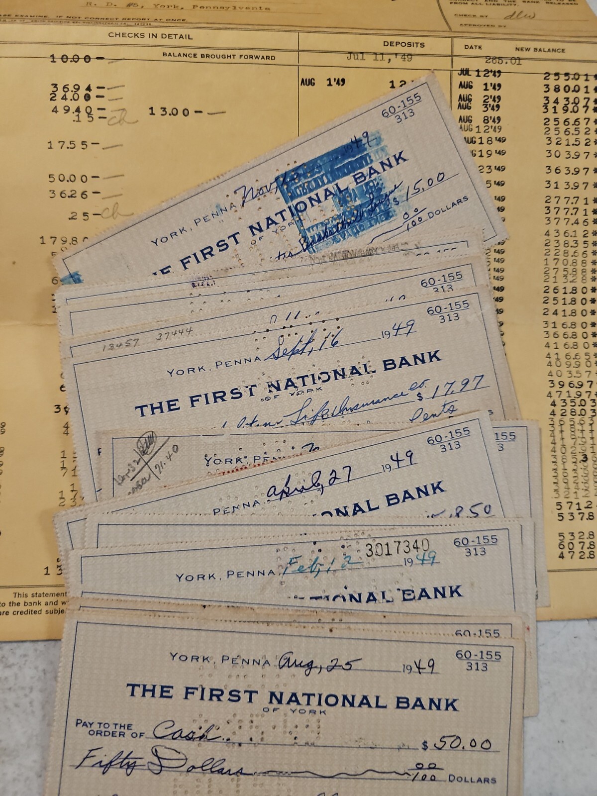 Vintage First National Bank of York, Pennsylvania 1949 Bank Statement ...