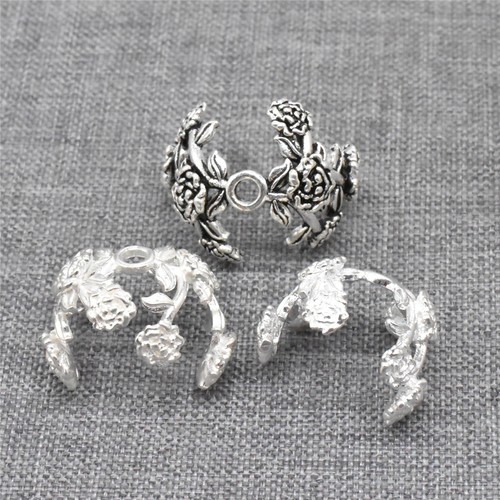 2 Sterling Silver Flower Bead Caps 925 Silver Rose Clamshell Crimp ...
