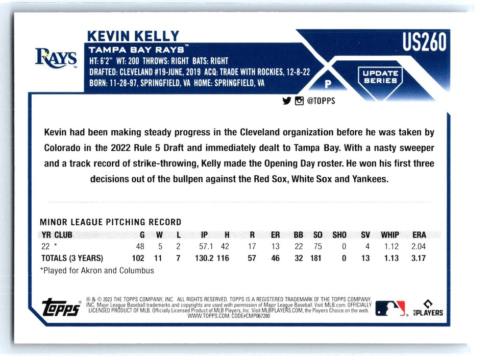 2023 Topps Update Kevin Kelly #US260 Tampa Bay Rays | eBay