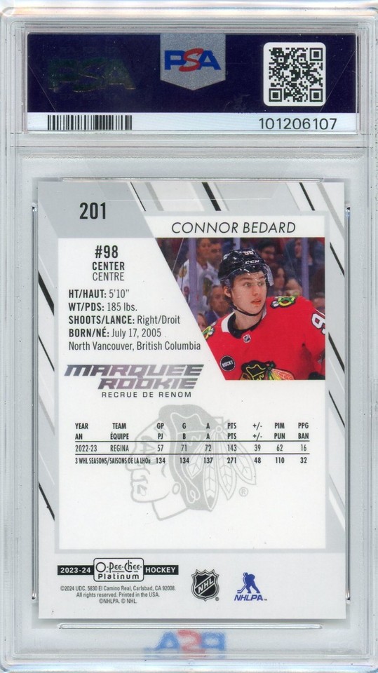 2023-24 O-Pee-Chee Platinum Marquee Rookie #201 Connor Bedard PSA 10 RC ...