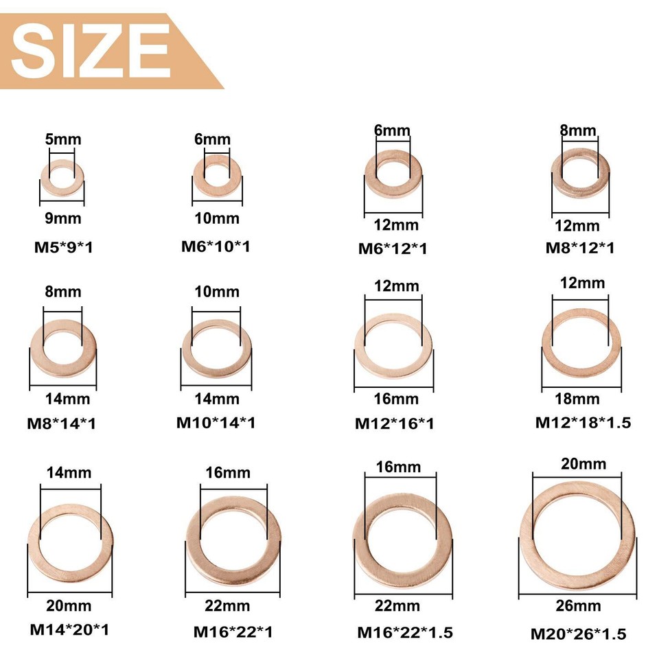 300Pcs 12 Sizes Metric Assorted Solid Copper Crush Washers Seal Flat ...