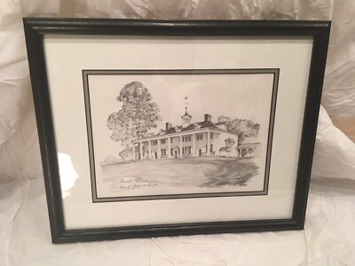 FRAMED CHARLES H OVERLY PENCIL SKETCH DRAWING MT VERNON HOME GEORGE ...