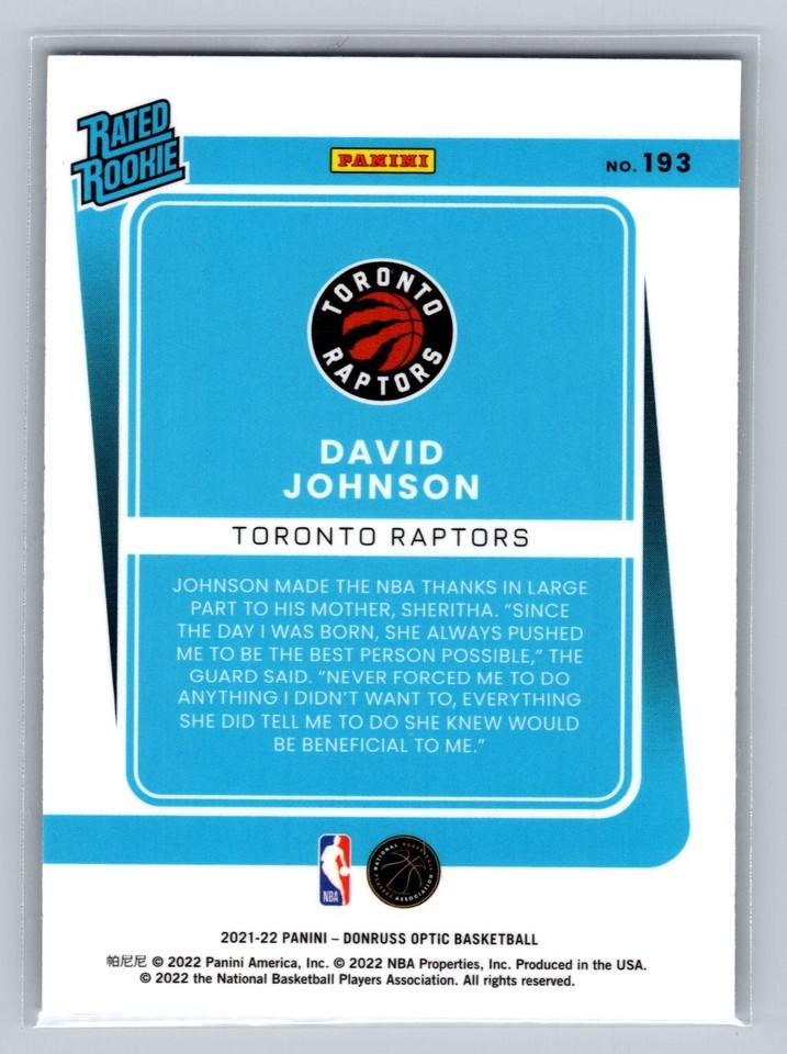2021 Donruss Optic David Johnson Rated Rookie RC #193 Toronto Raptors ...
