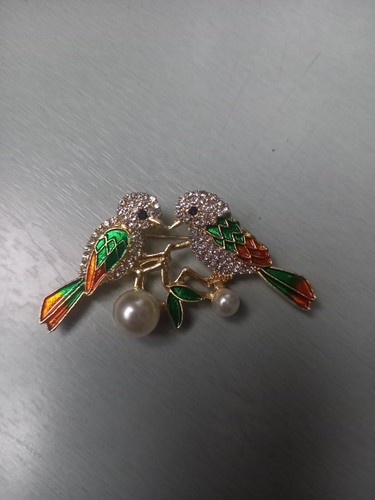 Broche couple oiseaux Métal doré émaillée et strass | eBay