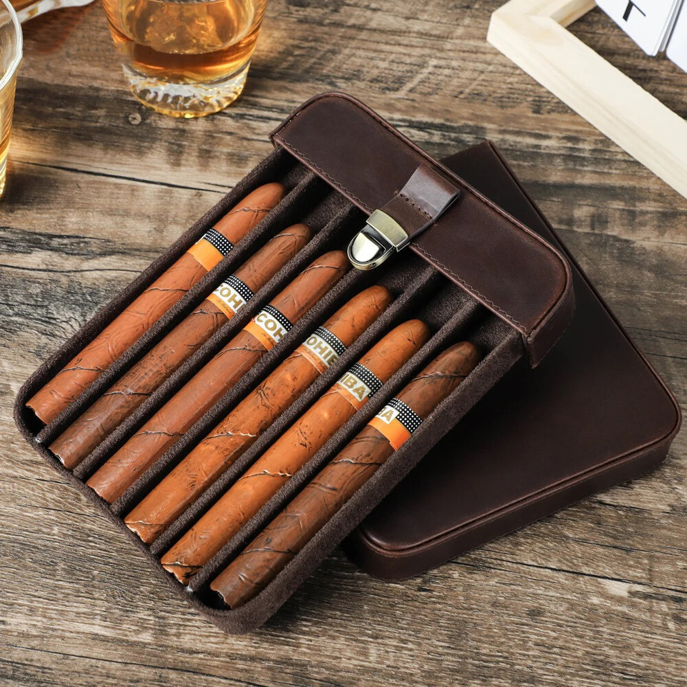 Genuine Leather 6 Cigar Storage Case Humidor Holder Portable Cigars ...