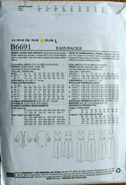 BUTTERICK PATTERN 6691 JUMPSUIT JACKET MISSES SIZES 14 16 18 20 22 ...