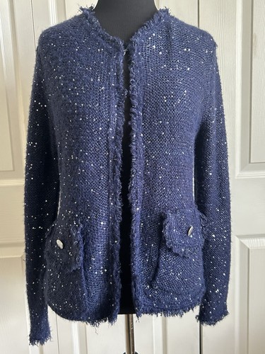 NEW! SIONI Navy Sequin Fringe Detail Cardigan Knit Jacket Sweater ~ Medium | eBay