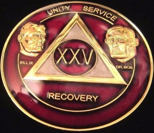 Alcoholics Anonymous 25 Year Burgundy Red White Gold AA Medallion coin ...