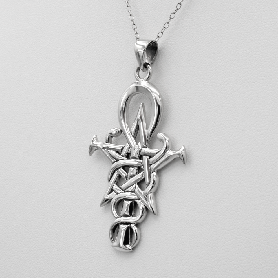 Sterling Silver Caduceus Pentagram Ankh Pendant Necklace 20" - Pagan ...