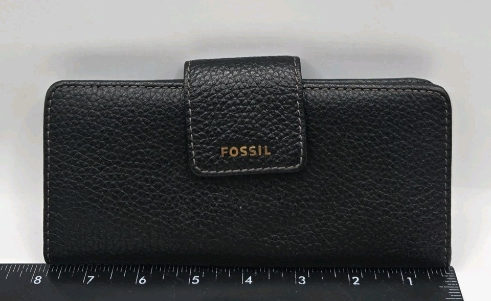 Fossil Madison Slim Clutch Black Pebbled Leather Bi-Fold Wallet Travel ...
