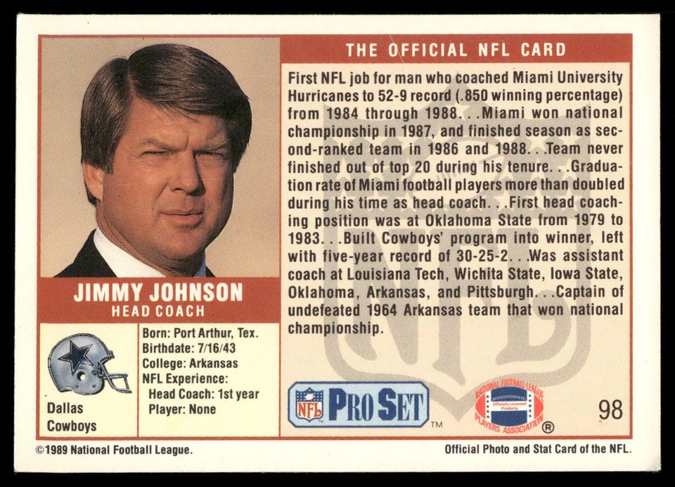 1989 Pro Set #98 Jimmy Johnson Dallas Cowboys | eBay