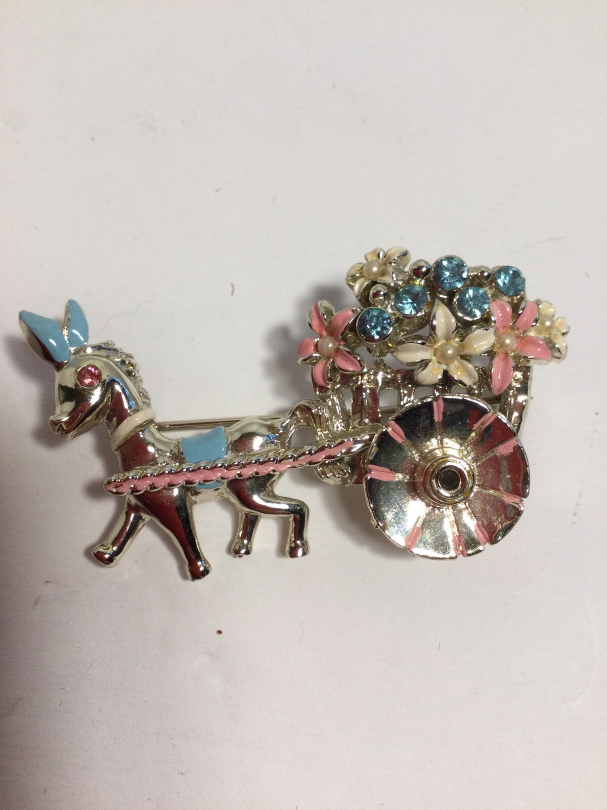 Vintage Silver Burro Pulling Flower Cart Pin Brooch - Gem