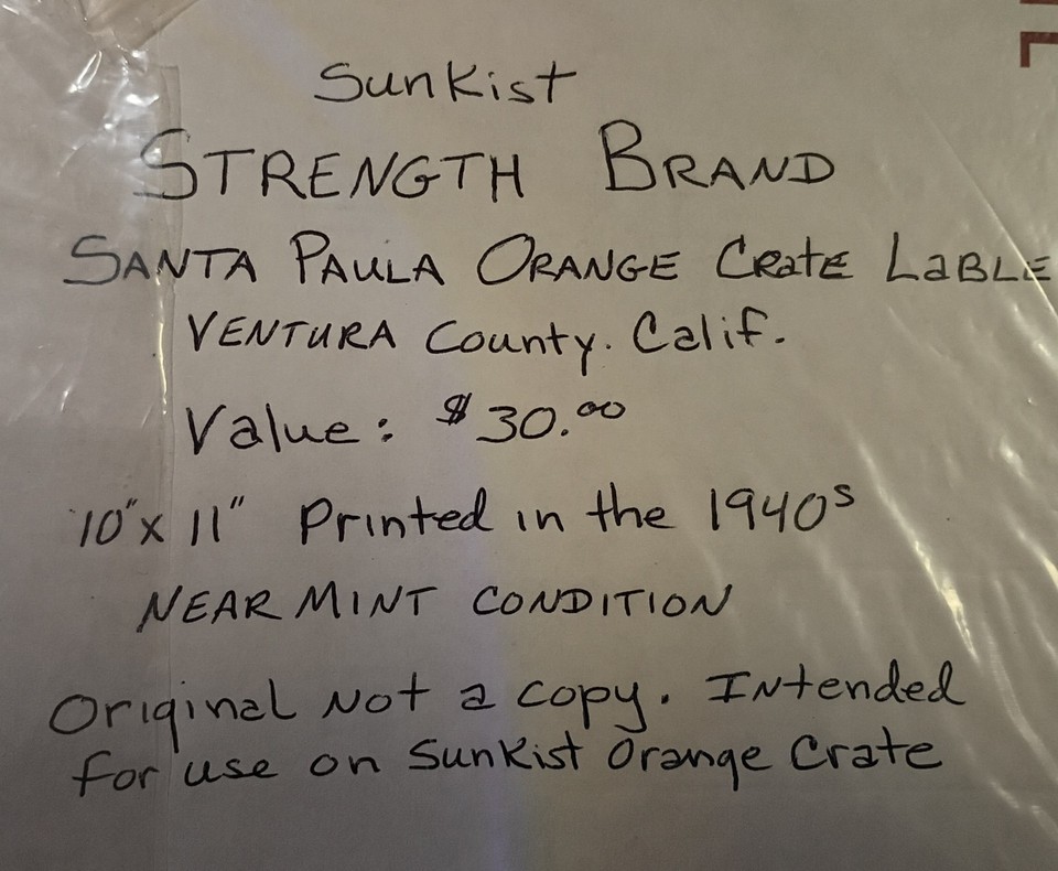 Original Strength Brand Sunkist Orange Crate Label Santa Paula, Calif ...