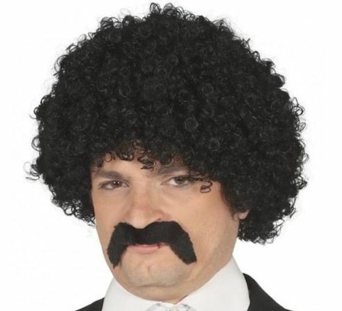 80's Scouser Black Afro Wig + Moustache Set Mens Tach Kit 118 Fancy ...