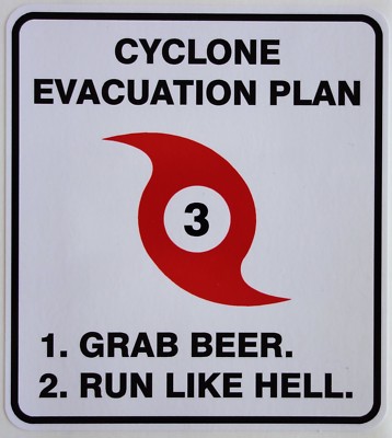 FUNNY CYCLONE EVACUATION PLAN BUMPER STICKER FOR MANCAVE BEER FRIDGE ...