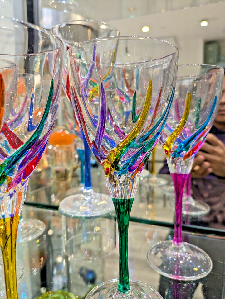 CC ZECCHIN MURANO Wine Glass, Rainbow Swirl Pattern 8-1/8” Tall, Set of ...