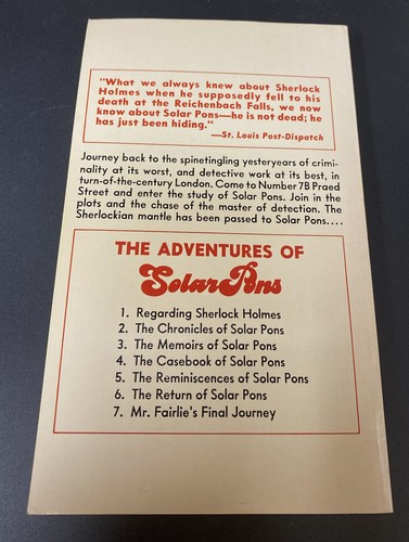 August Derleth / SOLAR PONS #7 MR FAIRLIE'S FINAL JOURNEY 1976 Vintage ...