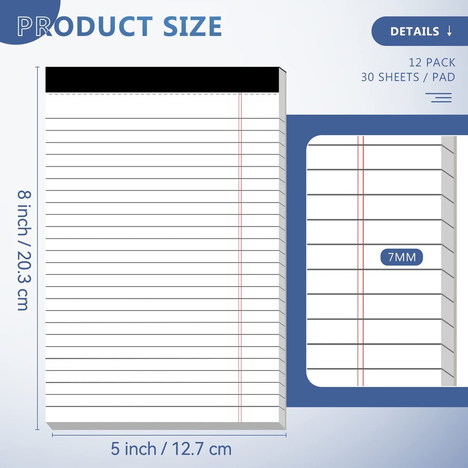 5" x 8" Note Pads 12 Pack of Legal Pads 30 Sheets Notepad College Ruled ...
