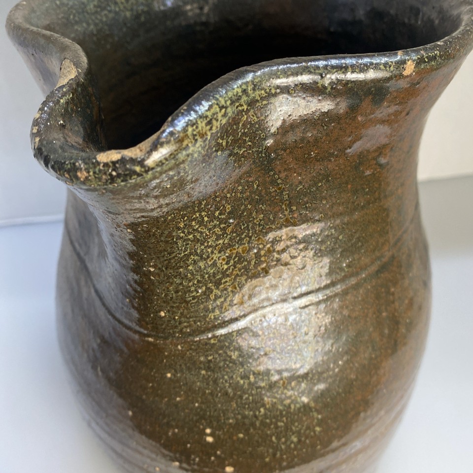 Folk Pottery Water Pitcher Jug W/ Pulled Handle Signed Alkaline/Salt ...