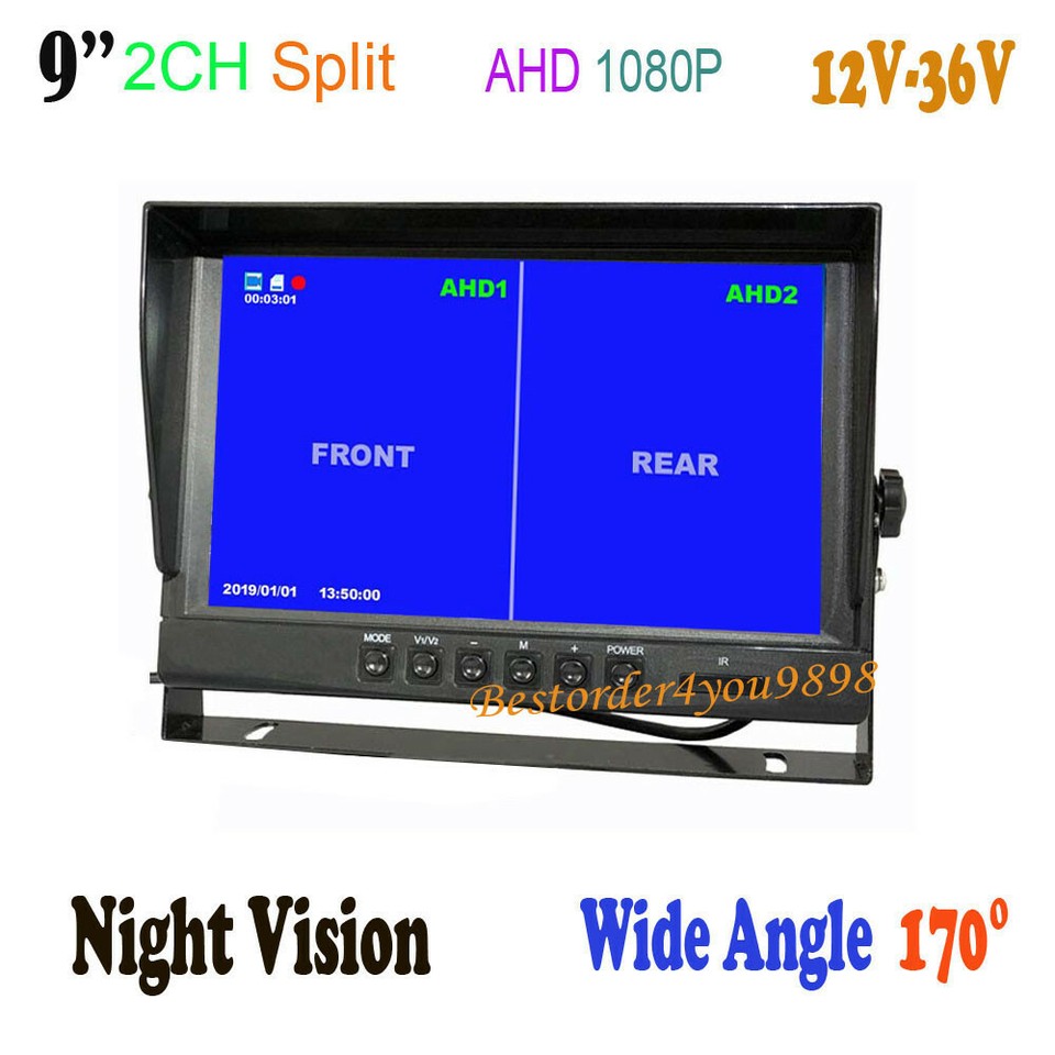 9" IPS SD DVR Split Monitor+2 x 4Pin AHD 1080P Front Car Rear View ...