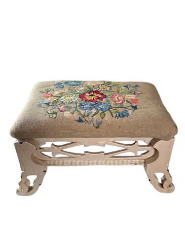 Vintage Foot Stool w/Needlepoint Floral Pattern Cushion~Cottage Core | eBay