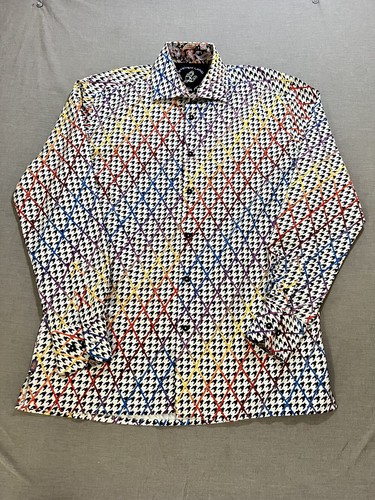 Steven Land Button Shirt Mens Medium 15 1/2 White Rainbow Check Long ...