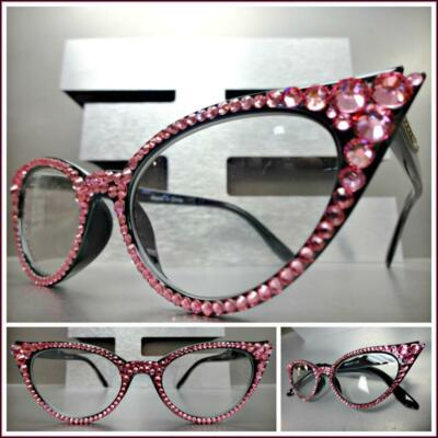 Women's Classy RETRO CAT EYE READING EYE GLASSES READERS Pink Crystals ...