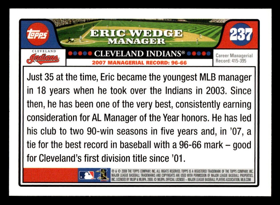 Eric Wedge 2008 Topps #237 Cleveland Indians | eBay