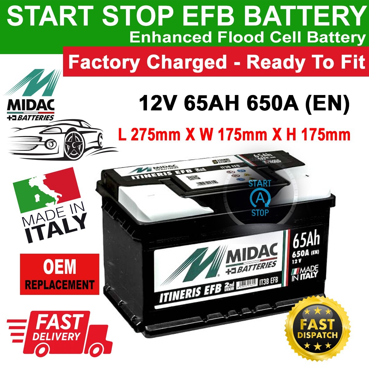 MIDAC IT3B EFB Car Battery Stop Start 12V 65Ah 650A FORD FIESTA VI 1.0 ...