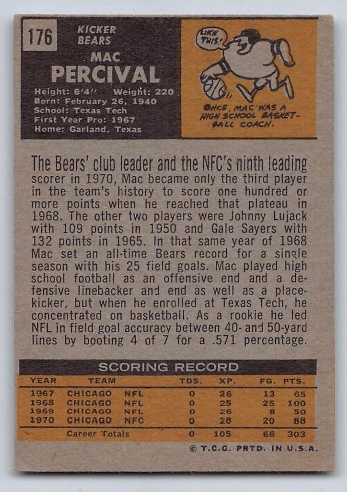 1971 MAC PERCIVAL - Topps Football Card- # 176 - CHICAGO BEARS | eBay