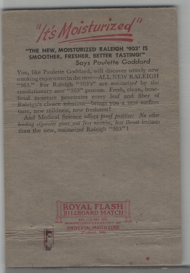 40 Strike Matchbook Cover - Movie Star Paulette Goddard Raleigh 903 ...