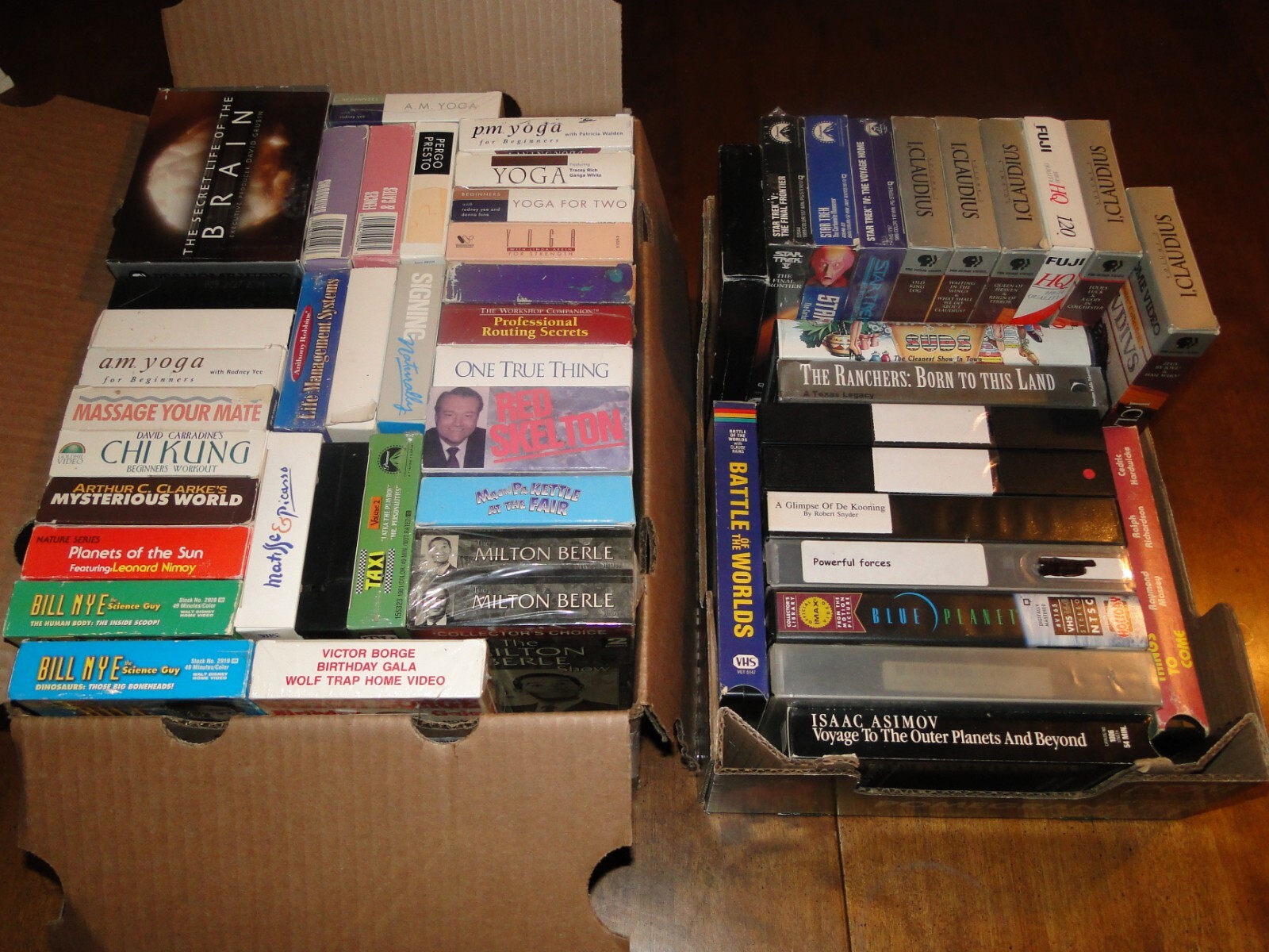 Two boxes vintage VHS video cassettes collection lot science yoga DIY ...