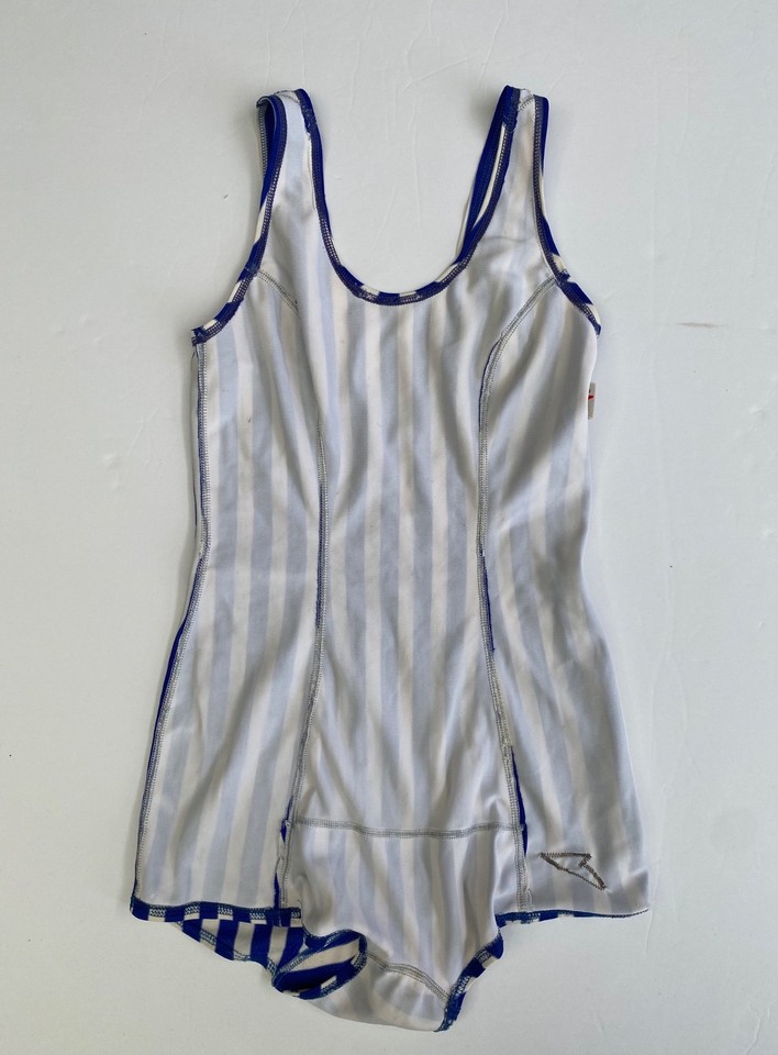 Vintage Speedo Swimsuit 1960s Competition Blue Stripe Nylon Poly White ...