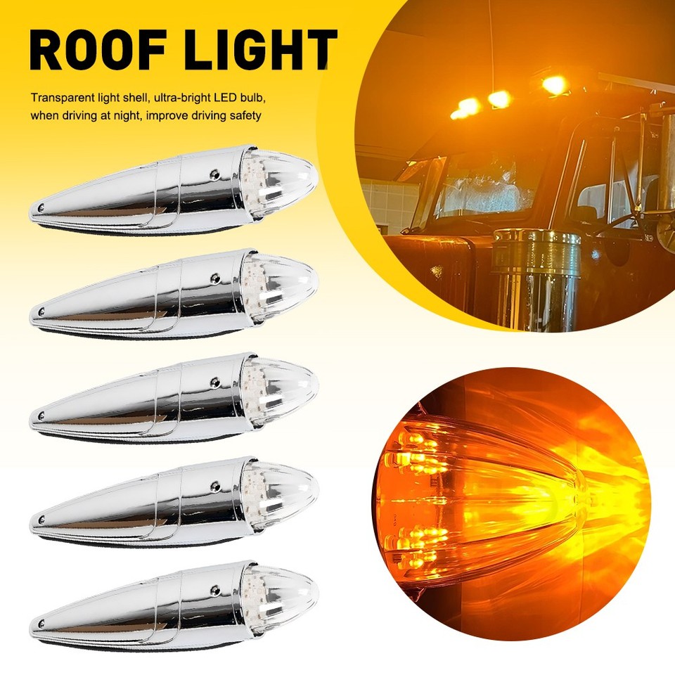 5Pcs 17 LED Amber Torpedo Cab Marker Roof Running Top Lights Chrome ...